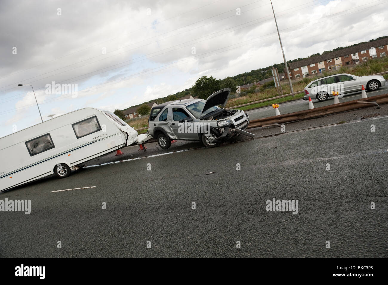 Caravan crashed on Motorway Stock Photo - Alamy