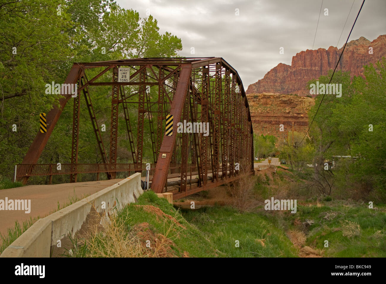 single lane bridge over the virgin river near Zions National Park Stock ...