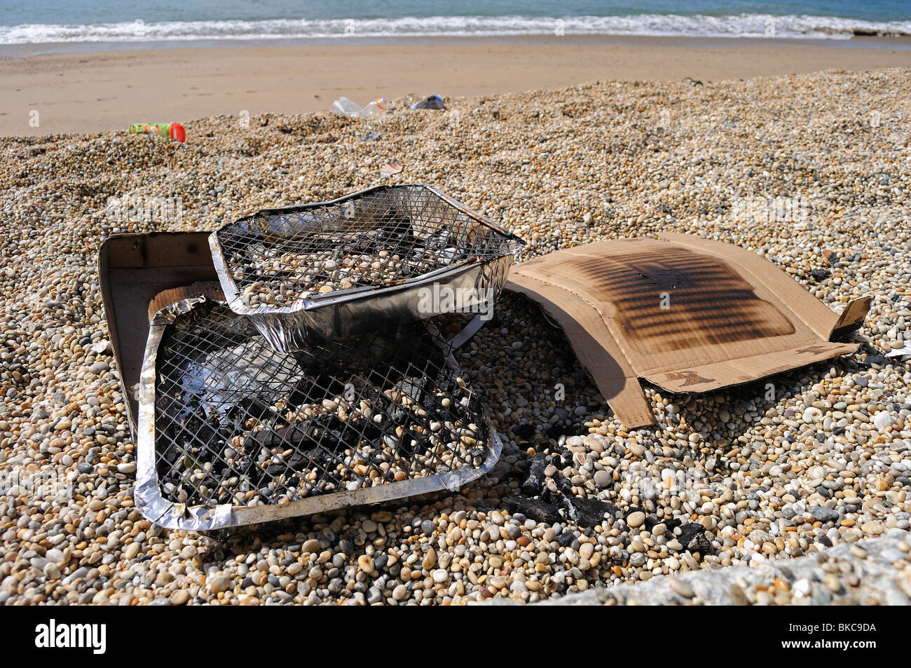 old barbeque trays left on the beach at porthleven in cornwall, uk ...