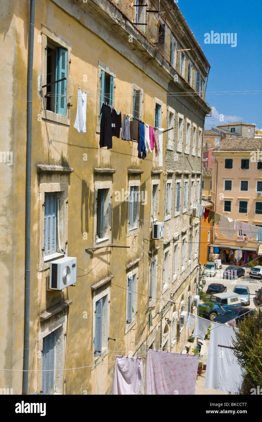 Washing lines strung from apartments in Corfu Old Town on the Greek ...