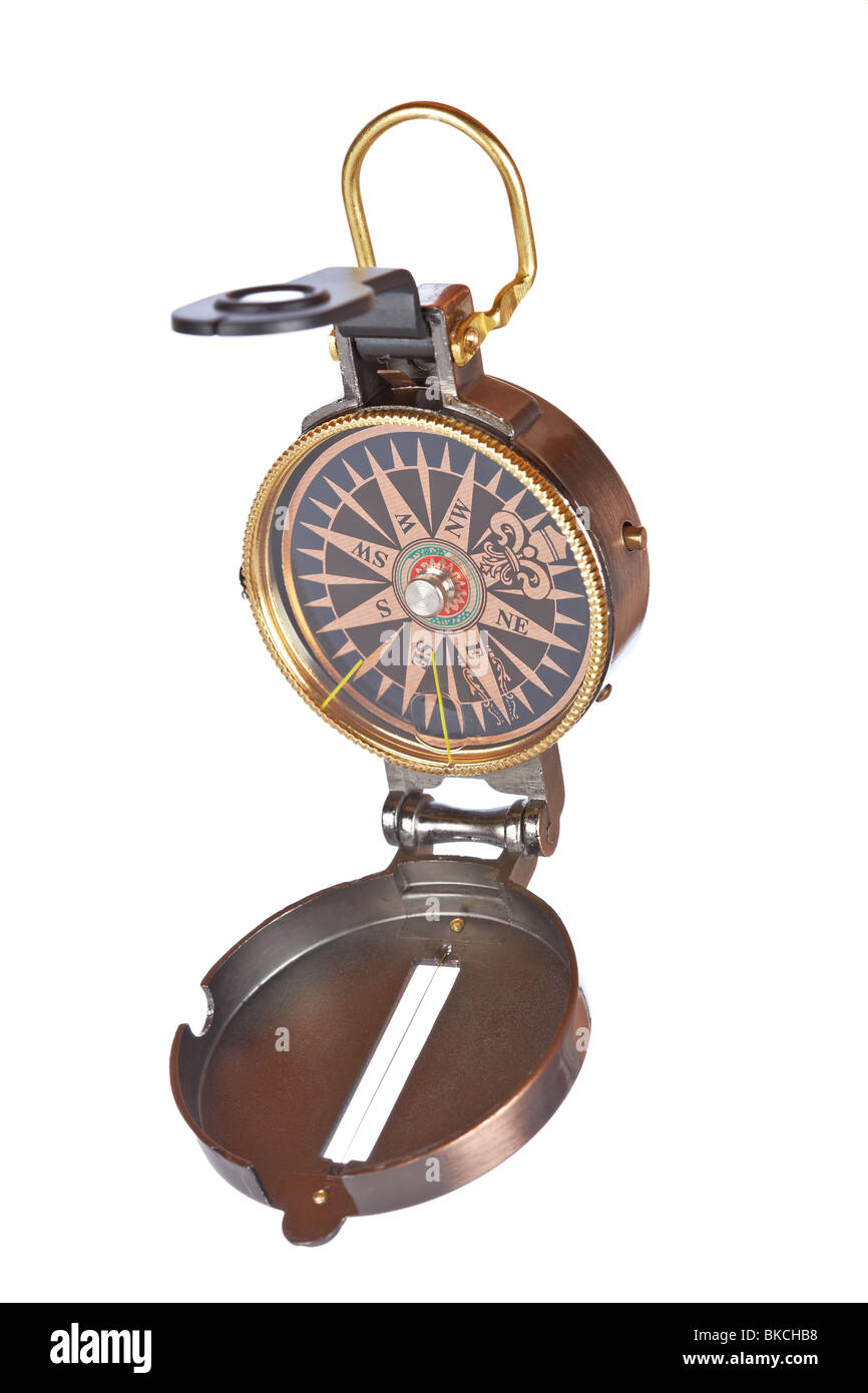 Compass with focus on the south over a white background. Shallow depth ...