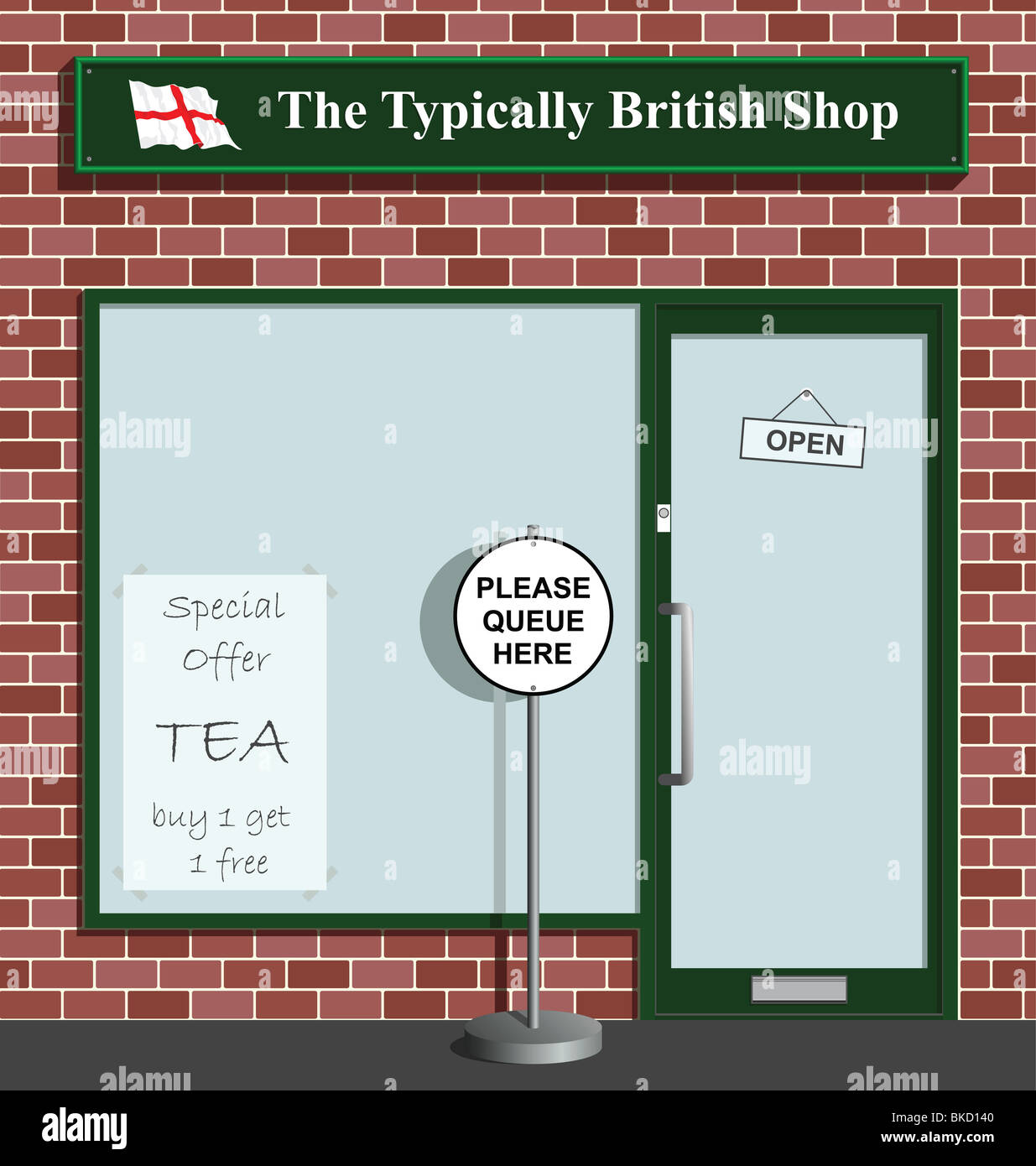 Vector polite queue sign at the Typically British Shop Stock Photo - Alamy