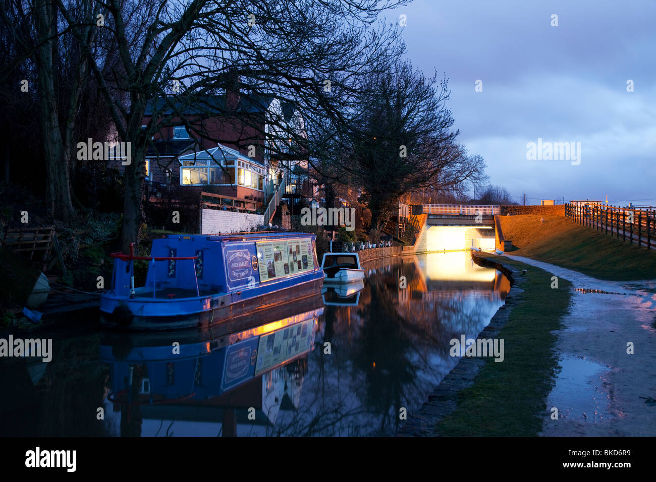 Chesterfield canal and canal barge at night Derbyshire East MIdlands ...