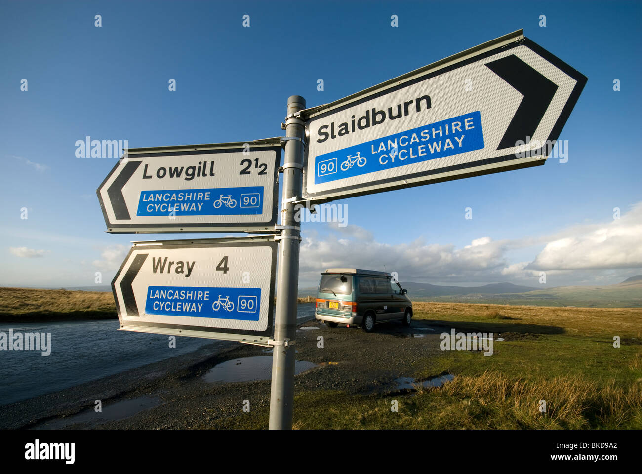Road sign in the Forest of Bowland, on the Lancashire Cycleway route ...