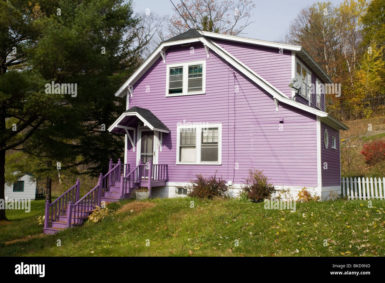 A brightly painted purple house in North Adams, Massachusetts on a ...