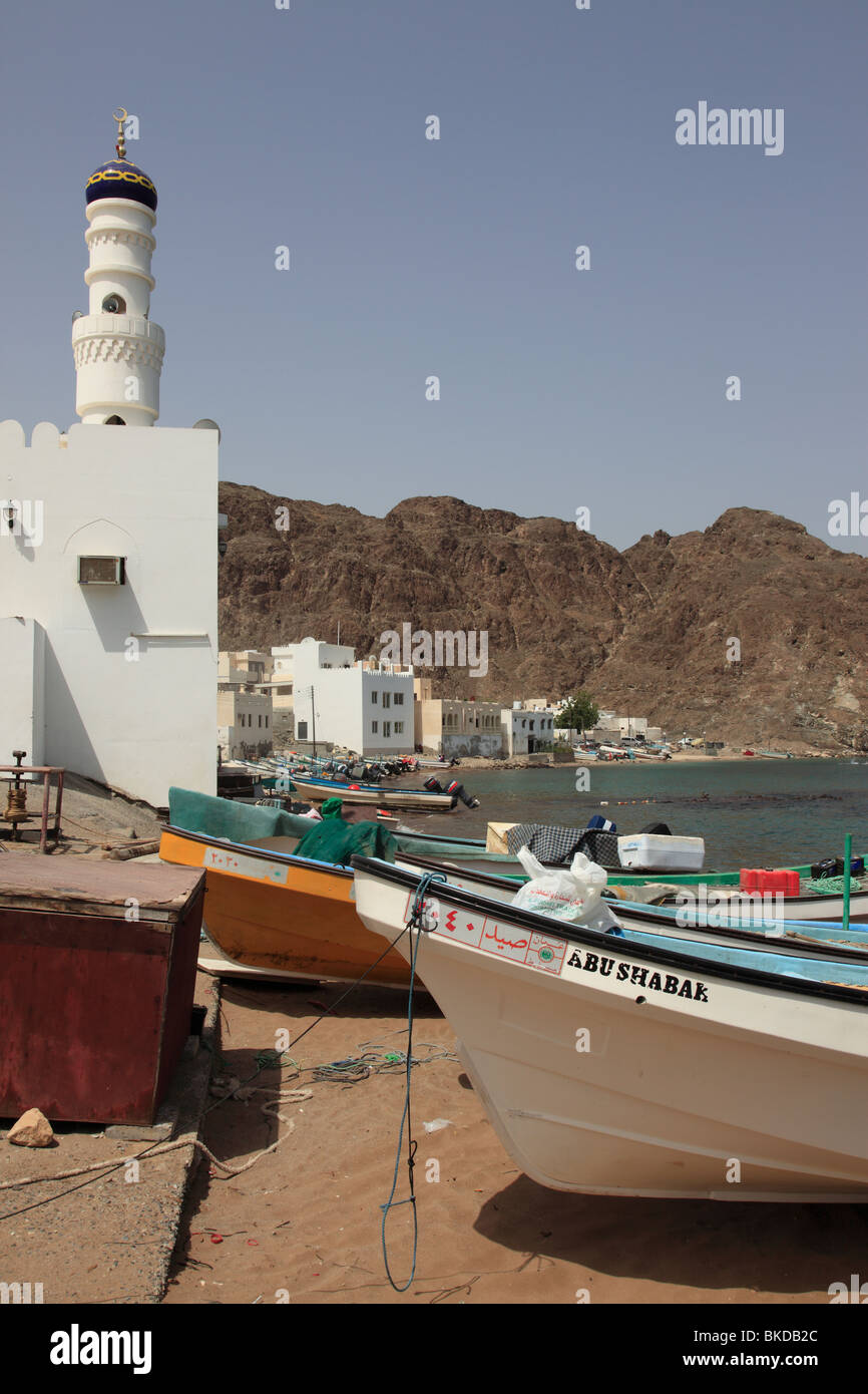 mosque with minaret and beach of the village Haramel, Arabian Sea ...