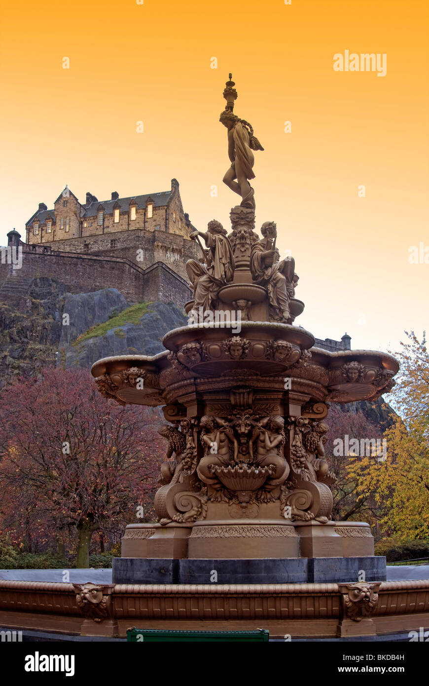 Edinburgh Castle and Princes Gardens Fountain Stock Photo - Alamy