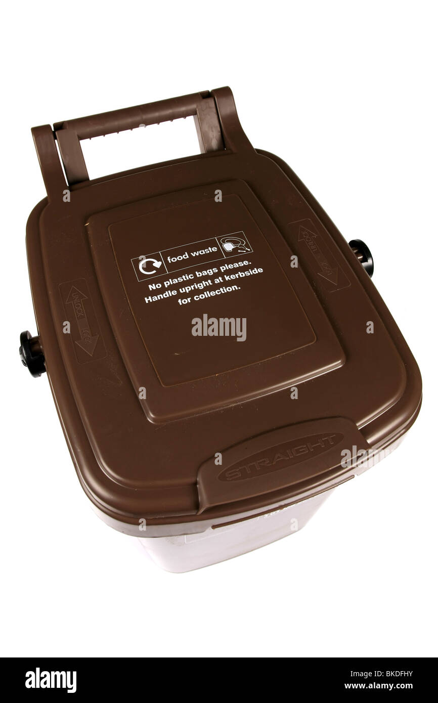 A Brown food waste recycling dustbin against a white background Stock ...