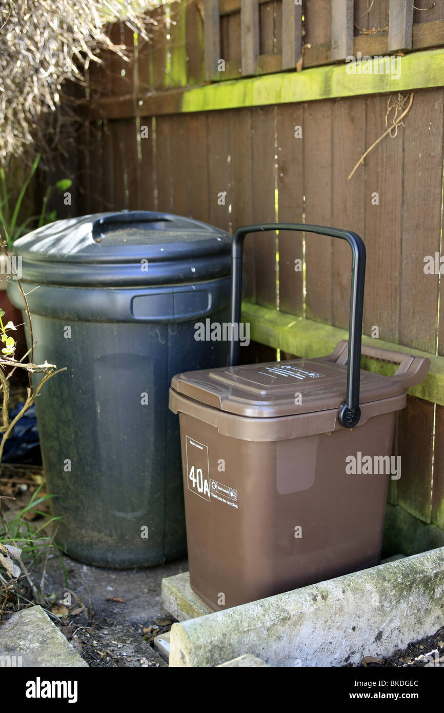 A Brown food waste recycling dustbin alongside a black general waste ...