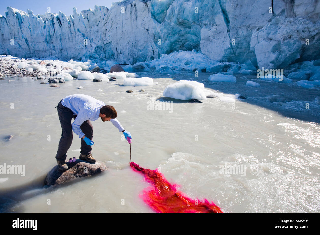 PHD scientist Ian Bartholomew using dye tracing techniques as part of a ...