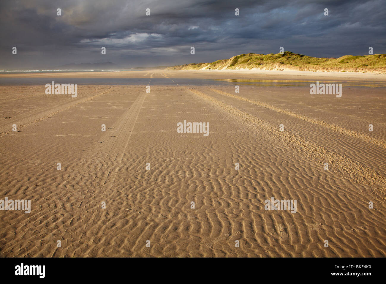Sand Ripples, Tire Tracks, and Storm Clouds, Ocean Beach, near Strahan ...