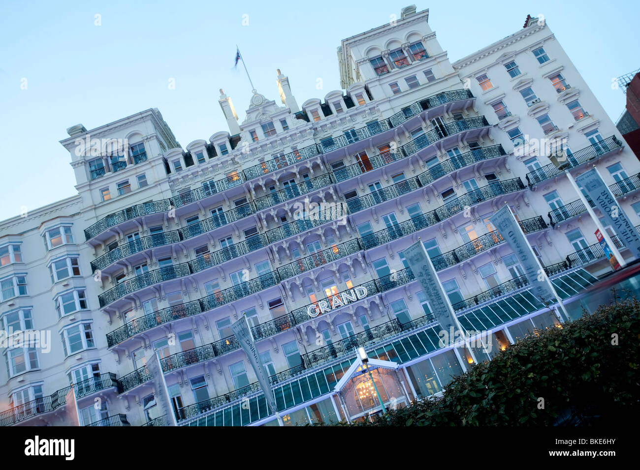 The Grand Hotel at twilight. Kings Road, Brighton, Sussex, England, UK ...