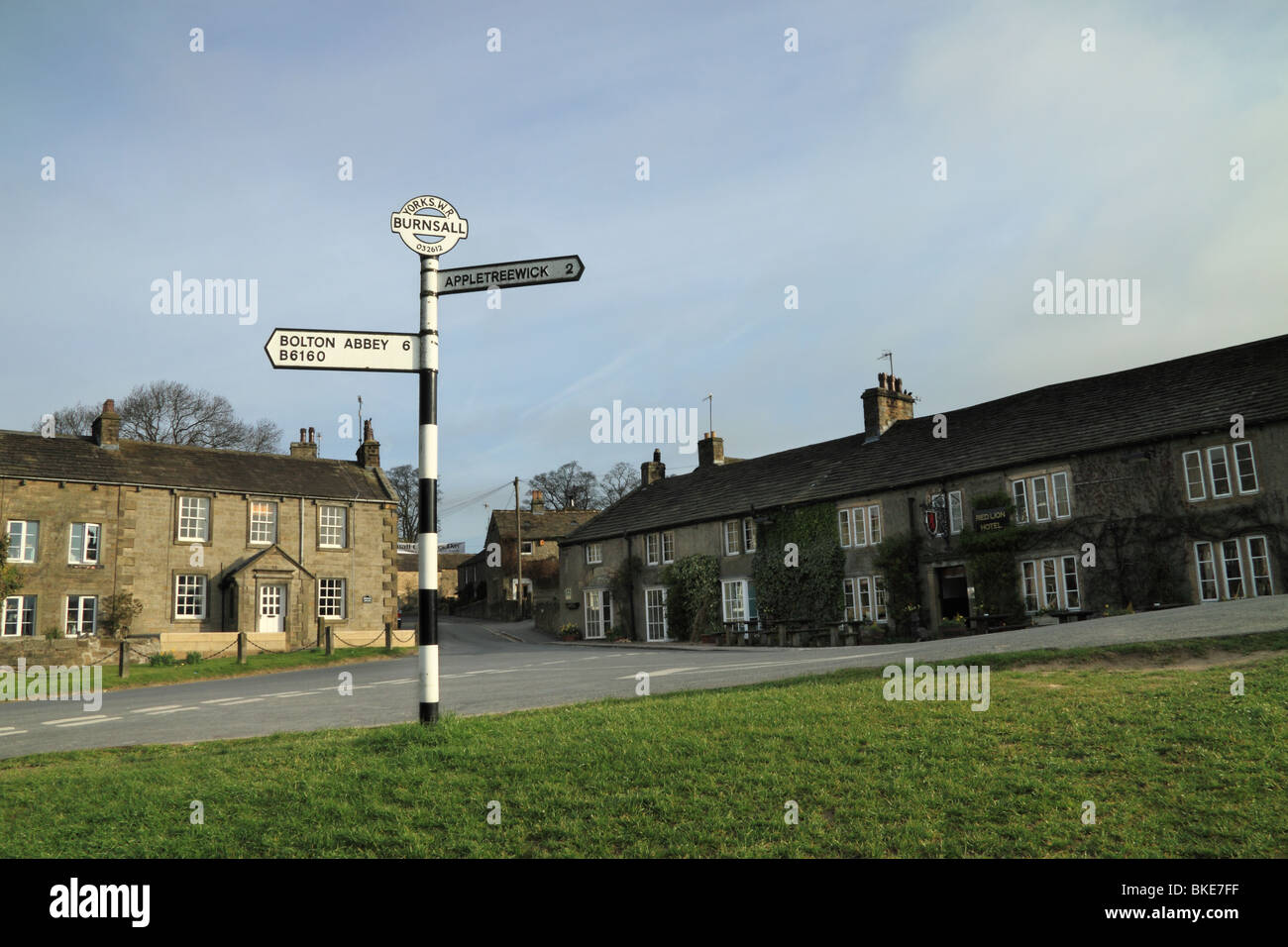 An old fashioned signpost at the village of Burnsall, Upper Wharfedale ...