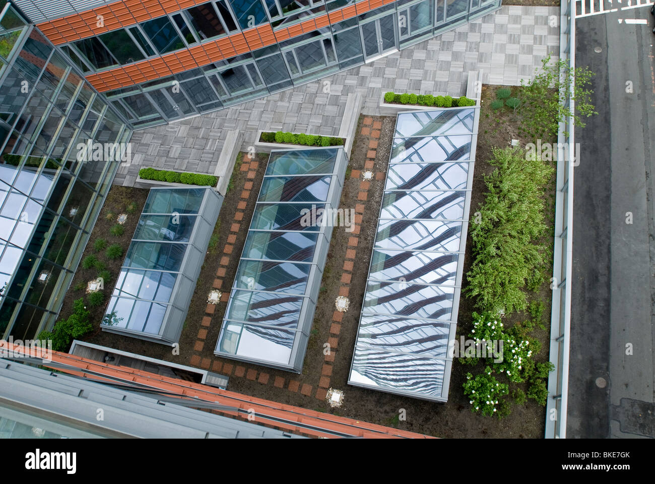 A green roof and skylights on The Visionaire, a green condominium in ...