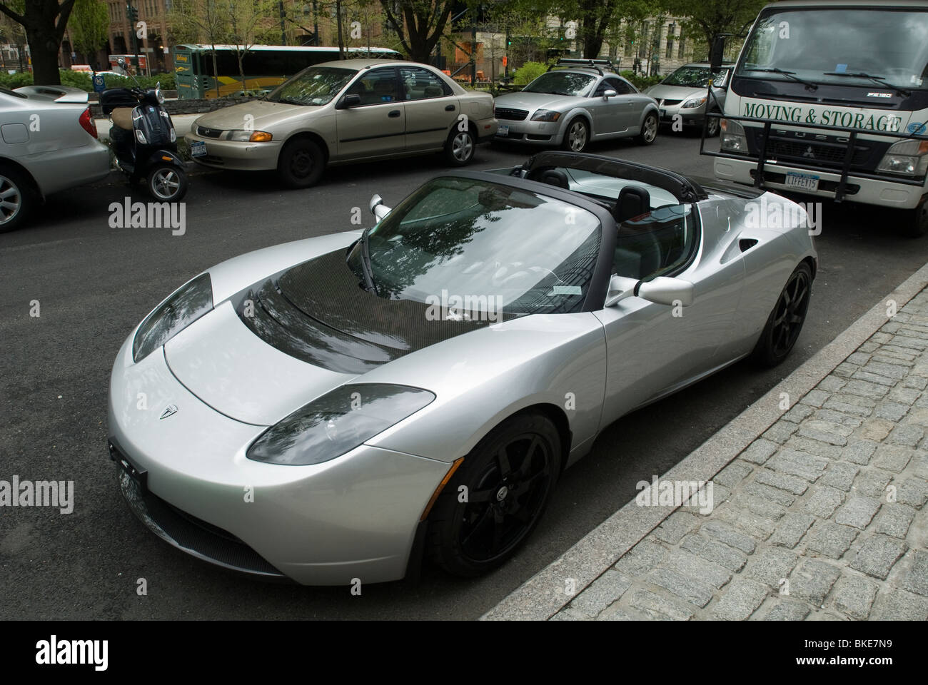 A Tesla Roadster outside an Earth Day event in New York Stock Photo - Alamy