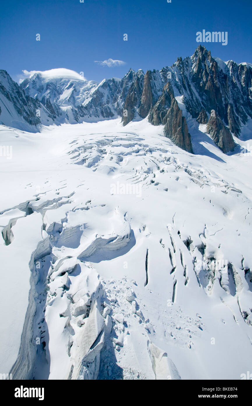A crevasse field on the Glacier Du Geant below Mont Blanc. Like all ...