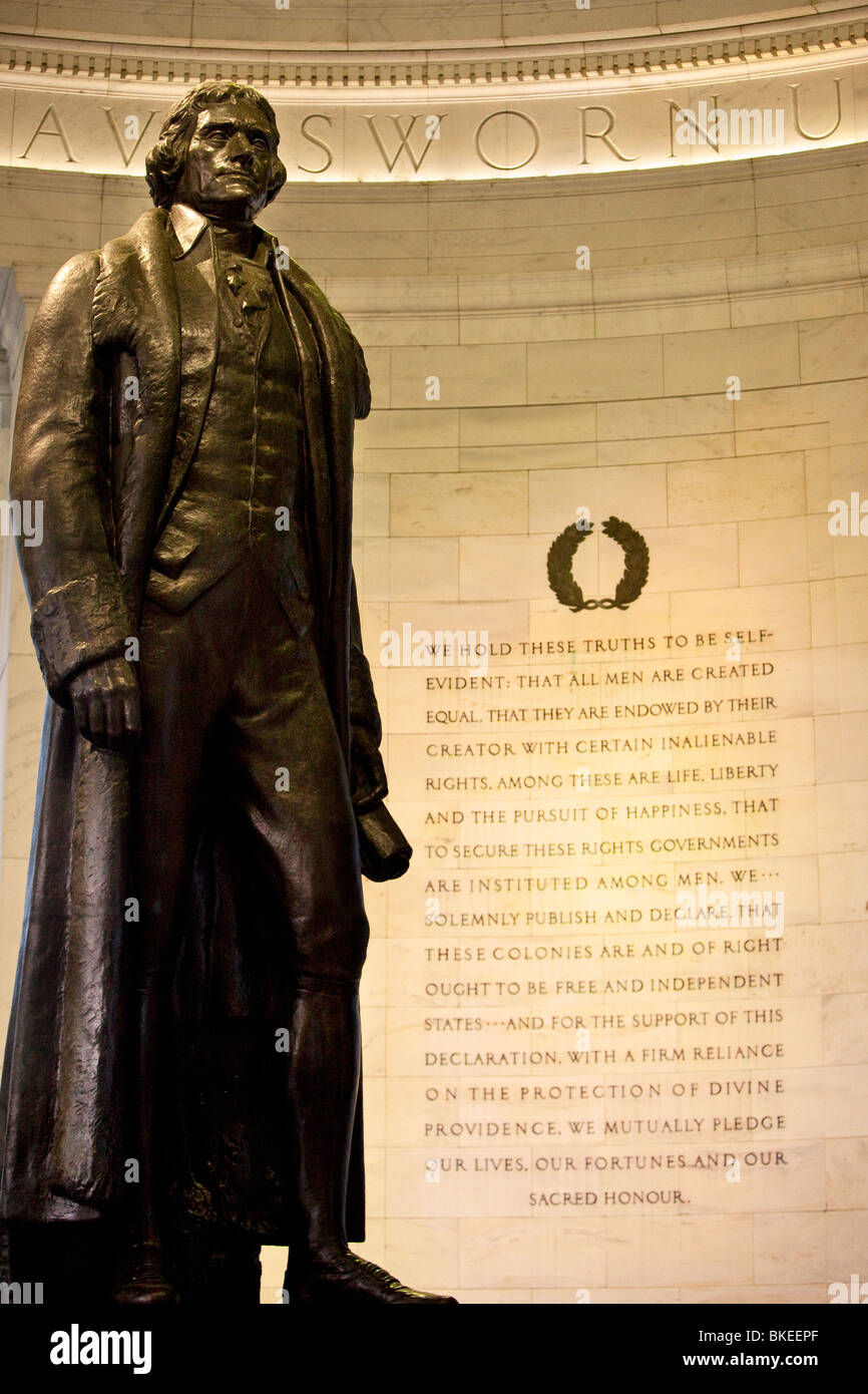 Statue of Thomas Jefferson with quote from the Declaration of Independence inside the Jefferson ...
