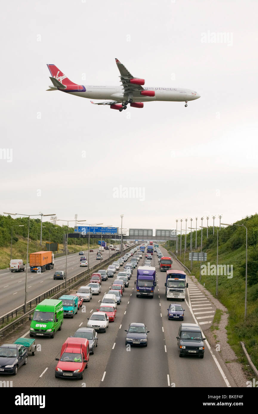 traffic congestion on the M1 motorway at Loughborough with a plane ...