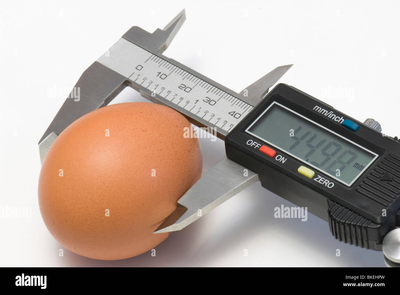 Single egg under calibration by electronic digital caliper Stock Photo ...