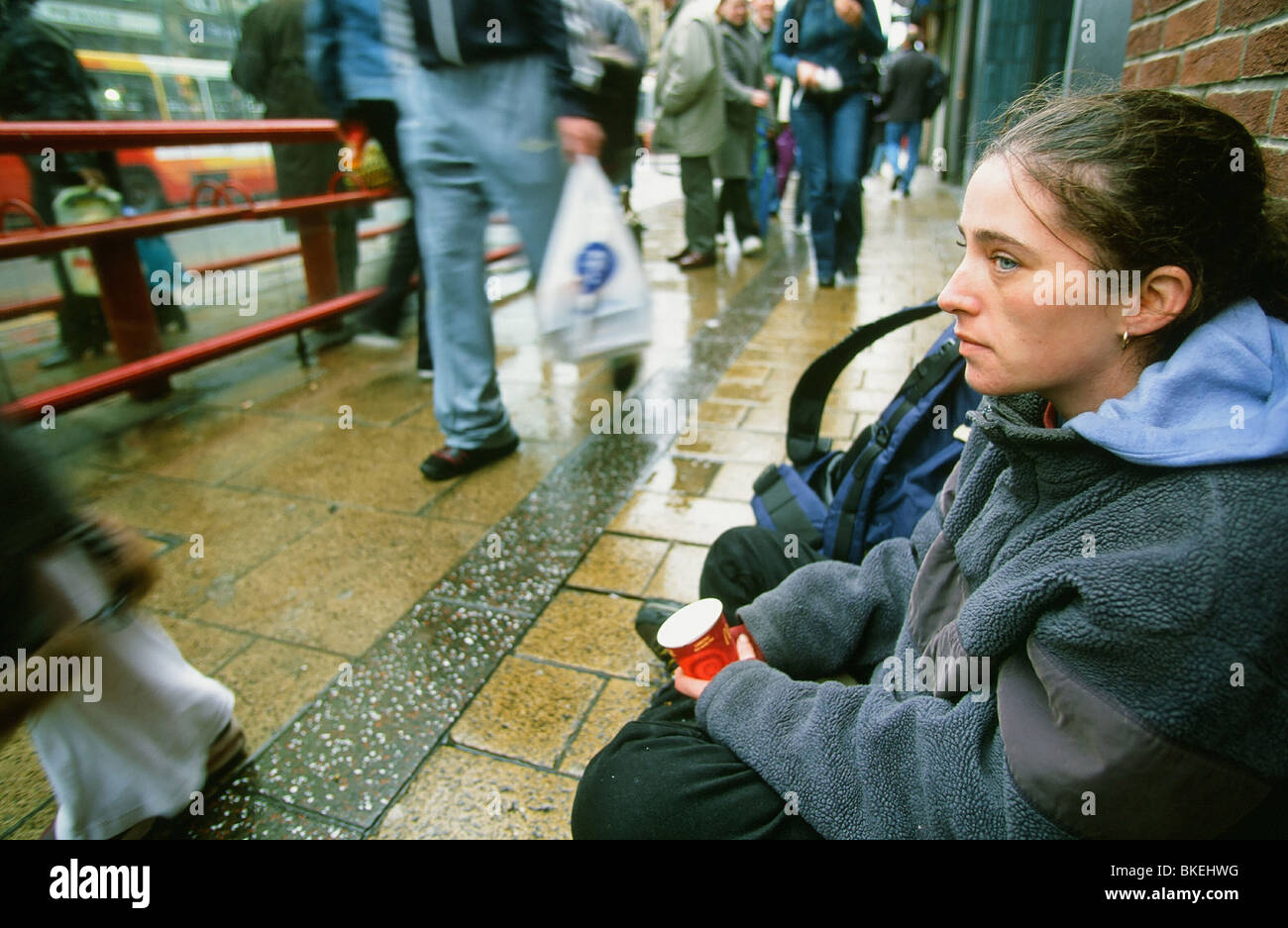 A Homeless Woman Sleeping Rough And Begging On The Streets Of Leeds Uk