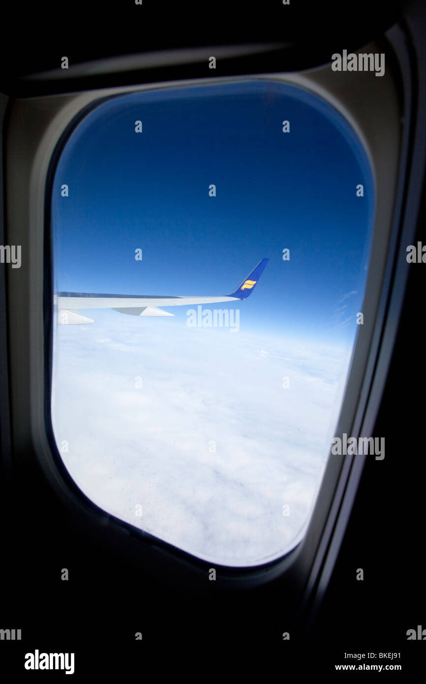 View out the window on wing and winglet from inside IcelandAir Boeing ...