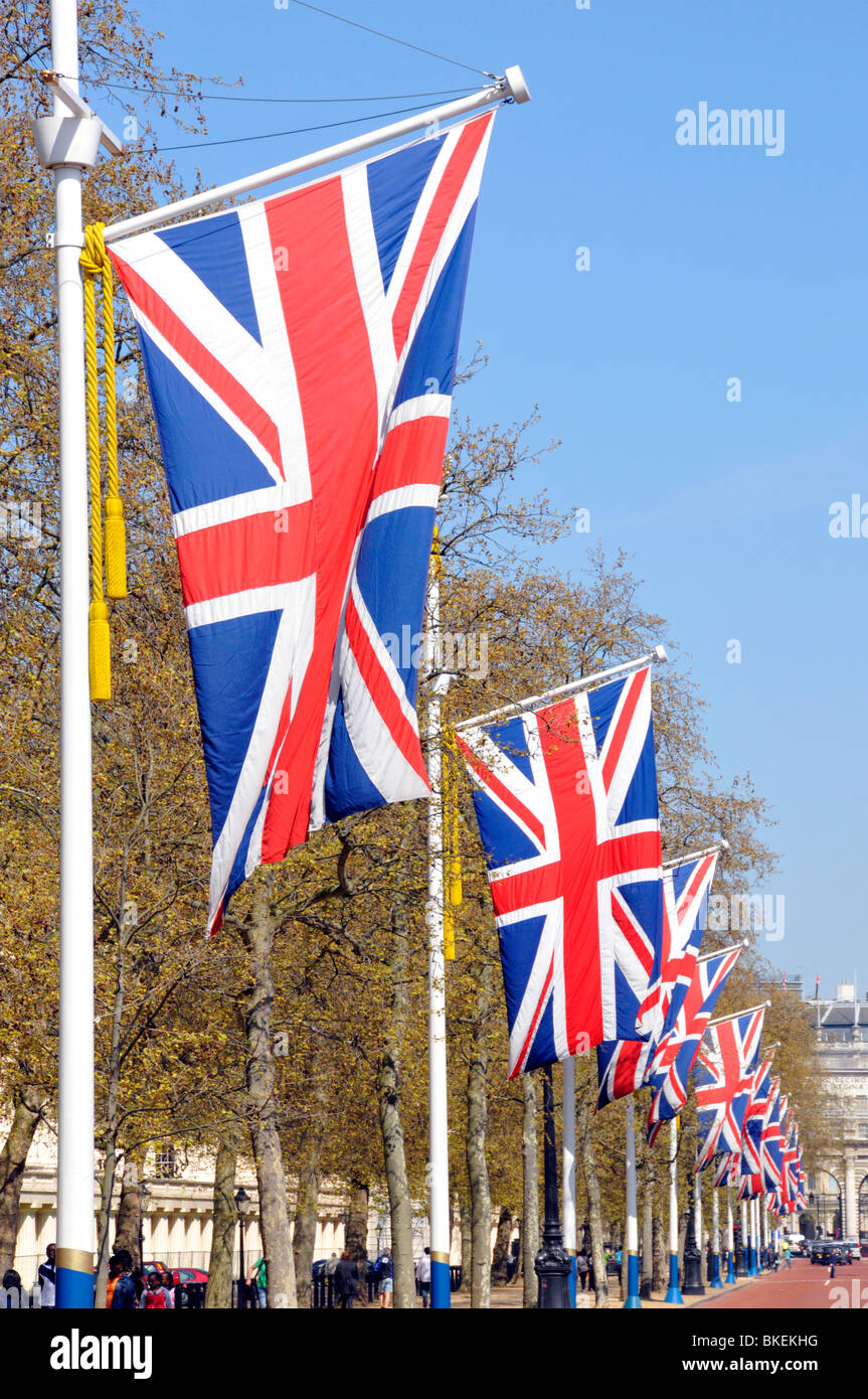 Close up of line of ceremonial Union Jack Flag along full length of the ...