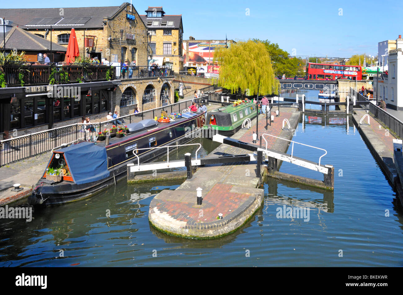 Lock gates sunny urban landscape & narrowboat scene Camden Lock Regents ...