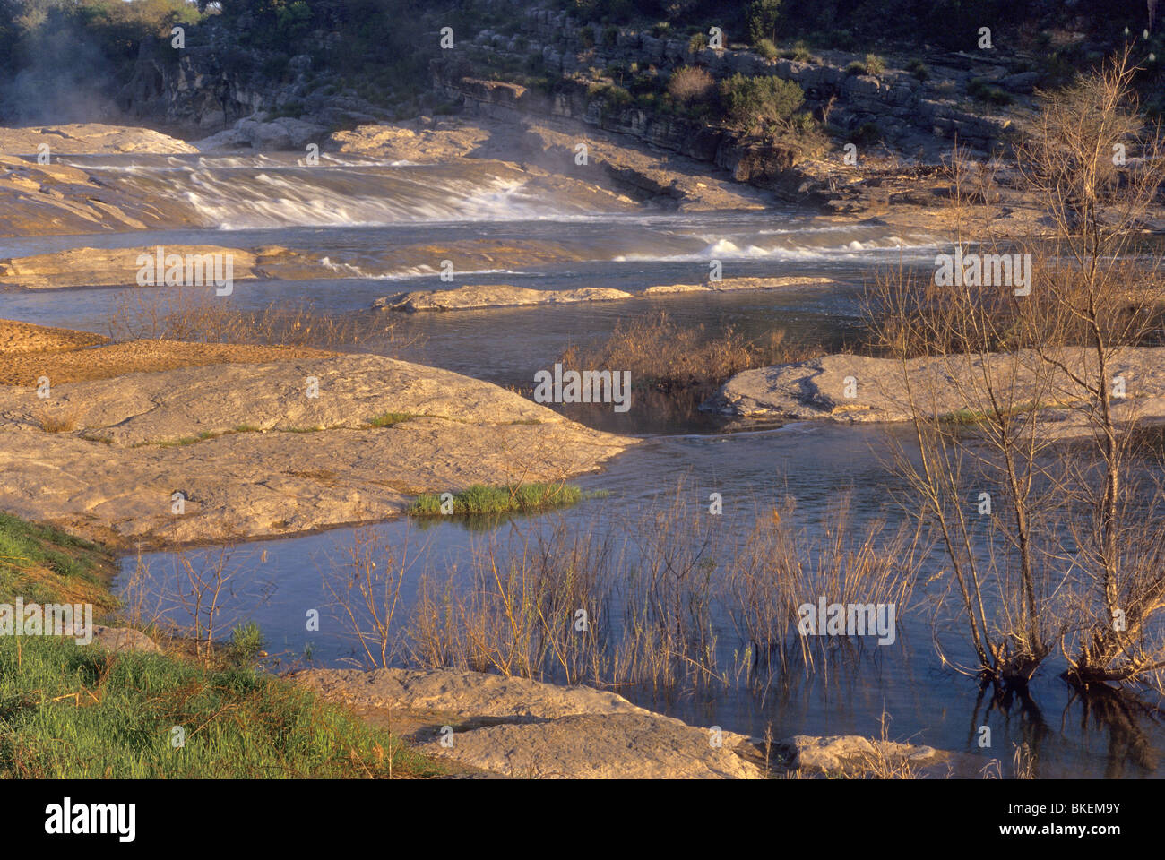 Pedernales River cascades through limestone steps at Pedernales Falls ...