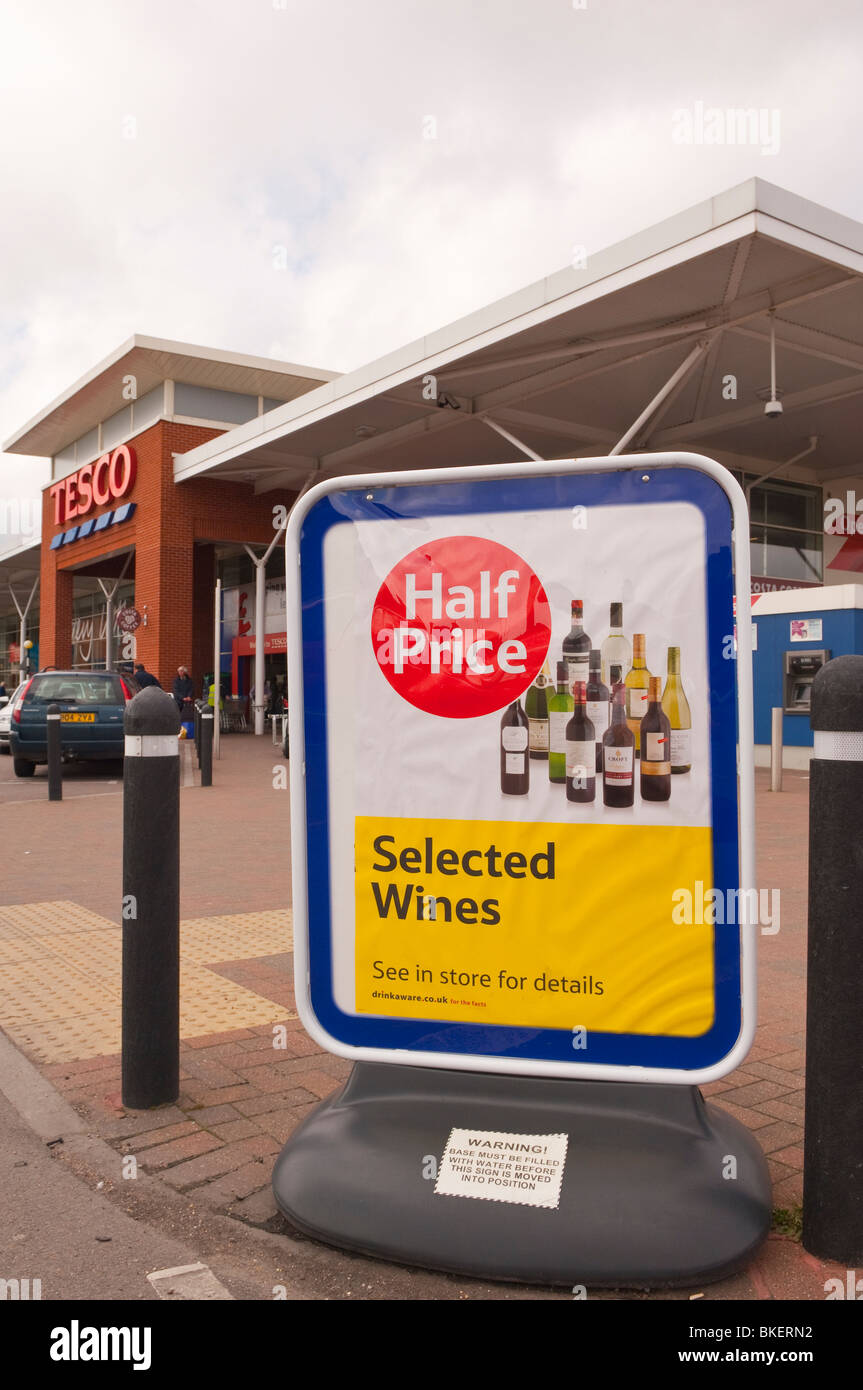 A sign advertising half price wines at the Tesco Superstore in Beccles ...