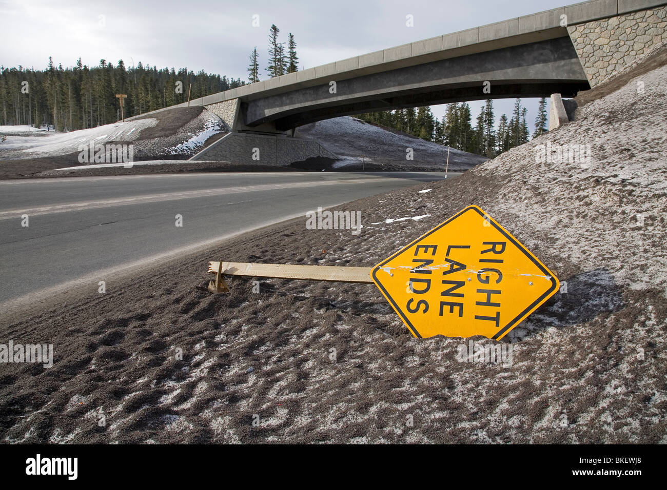 A road sign damaged by a snow plow near Mount Hood in the Oregon ...