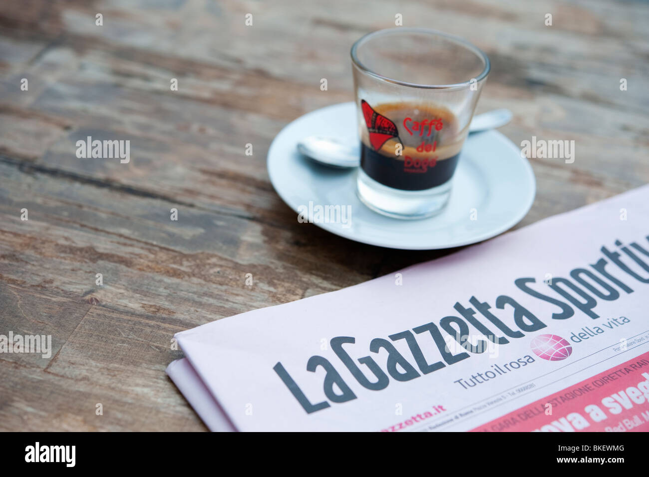 Detail of Italian newspaper and coffee at typical cafe in Venice Italy ...