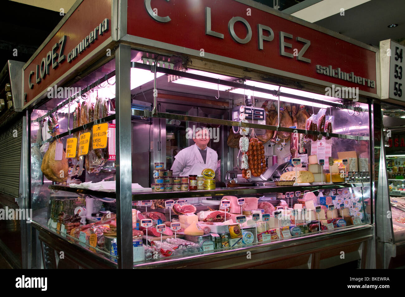 Butcher Mercado de la Cebada food Market Madrid Spain Stock Photo - Alamy