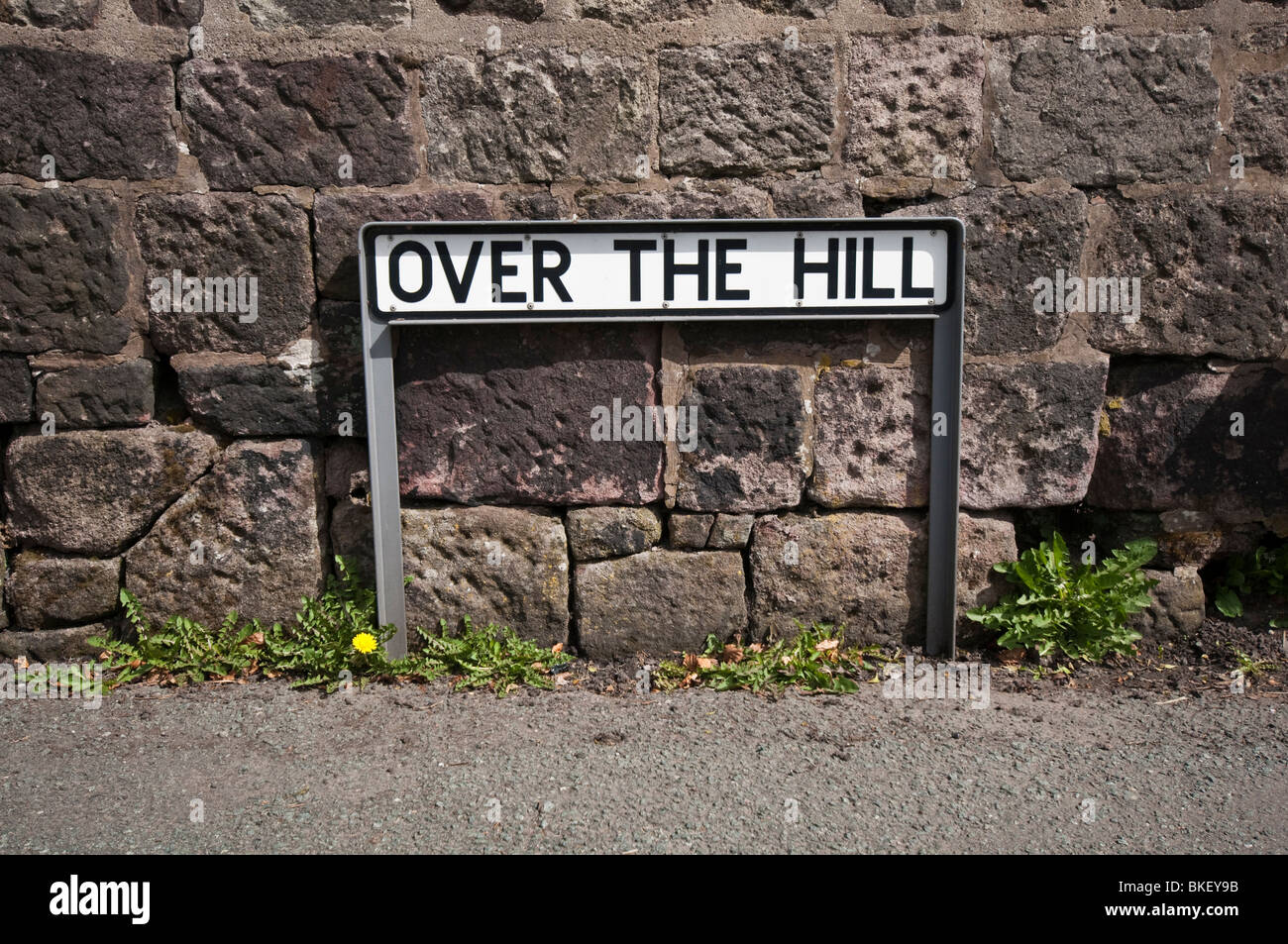A road sign for "Over The Hill" at Biddulph Moor, near Stoke-upon-Trent ...