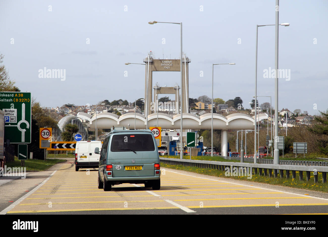 Traffic on the A38 Parkway road approaching the Tamar toll Bridge which ...