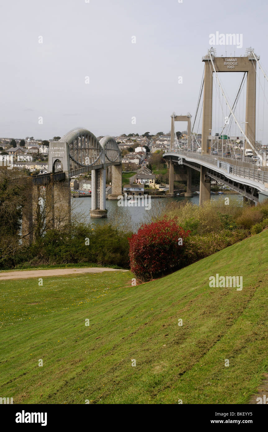 The Brunel railway bridge & the Tamar road bridge which run parallel ...