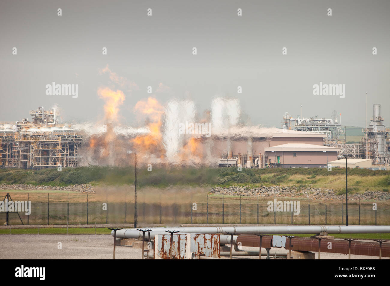 Flaring off gas at a gas processing plant at Rampside near Barrow in ...