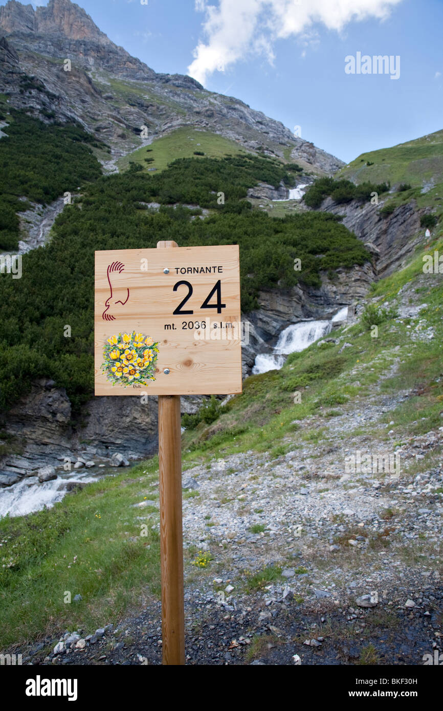 Sign marking Hairpin Bend and Waterfall, Stelvio Pass, Alps, Italy ...