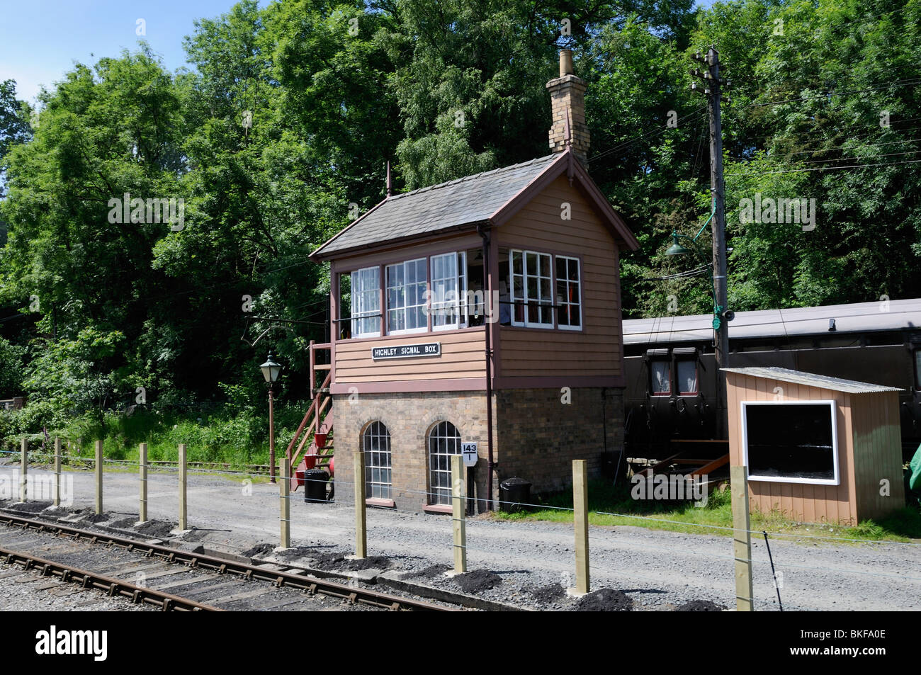 An old railway coach stands behind the signal box at Highley, Severn ...