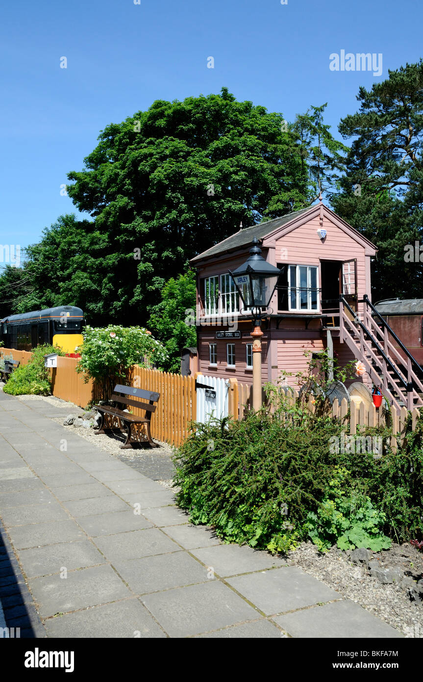A locomotive stands in the sidings behind the signal box at Arley ...