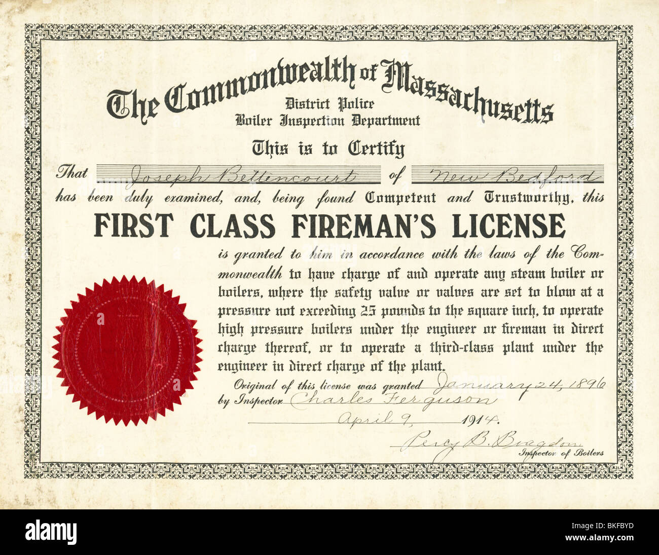 This First Class Fireman's License was issued in New Bedford ...