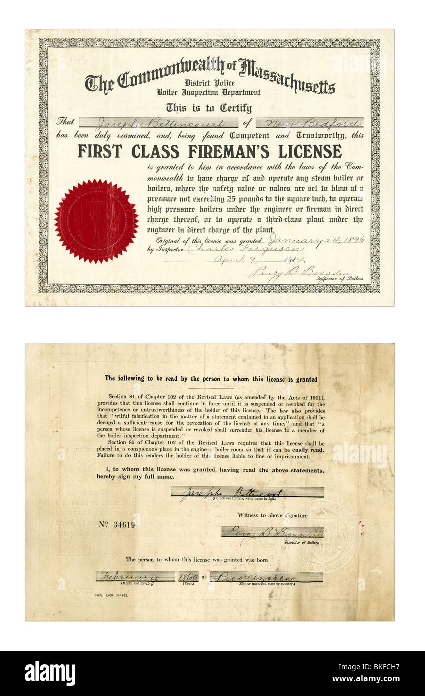 This First Class Fireman's License was issued in New Bedford ...