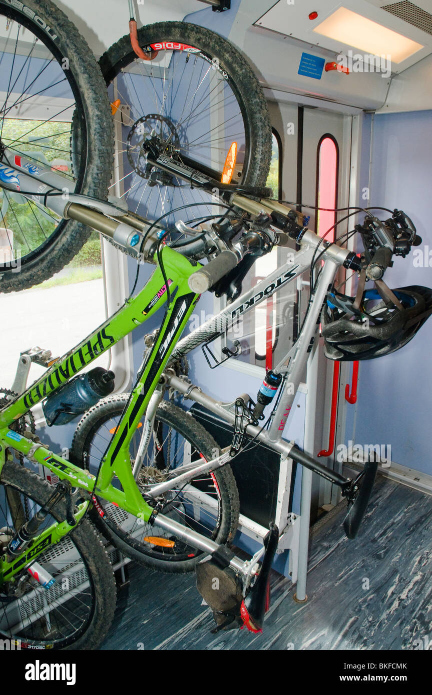 Mountain bikes on board a train on the Rhaetian Railway, Graubünden ...