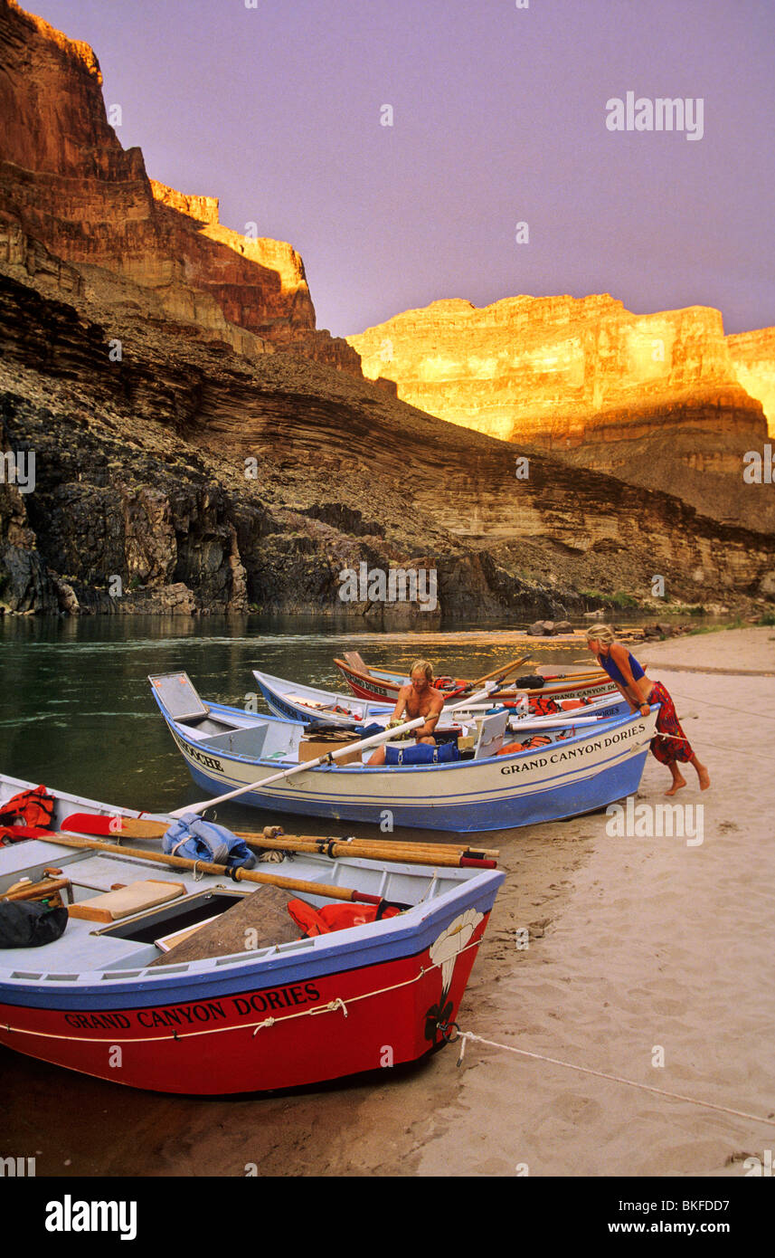 Dories on beach at sunset at Mile 120, Colorado River, Grand Canyon ...