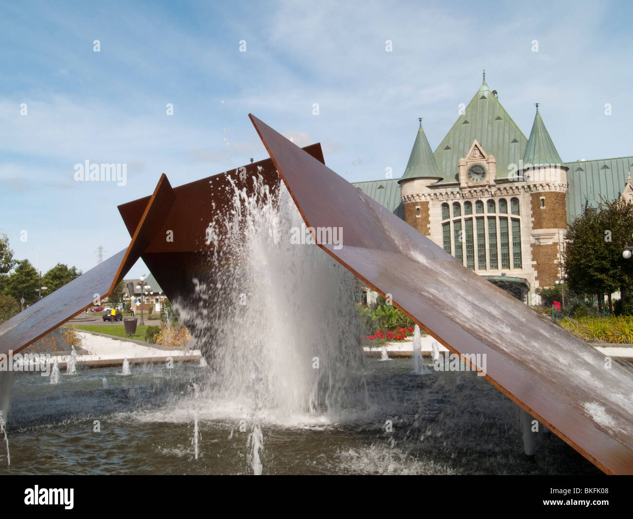 A fountain and water feature outside the Via Rail station in Quebec ...