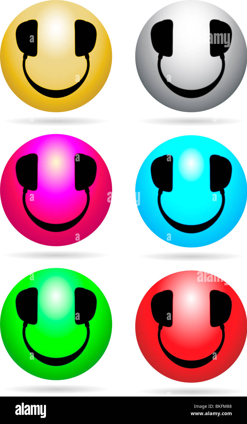 Glossy Smiley icons with headphones in place of eyes and mouth Stock ...