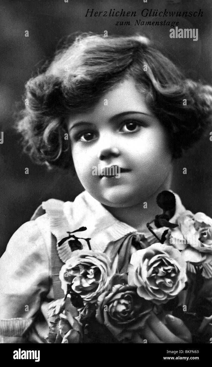 people, children, girl with flower bouquet, greetings card, picture ...