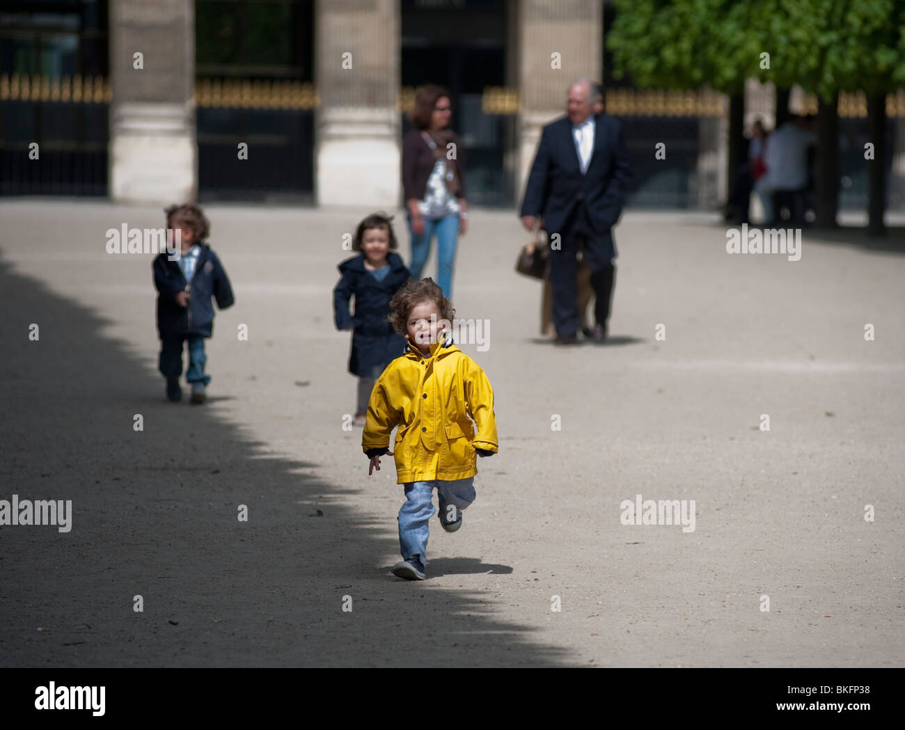 Group French Children Running in Urban Park, "Jardin du Palais Royale ...
