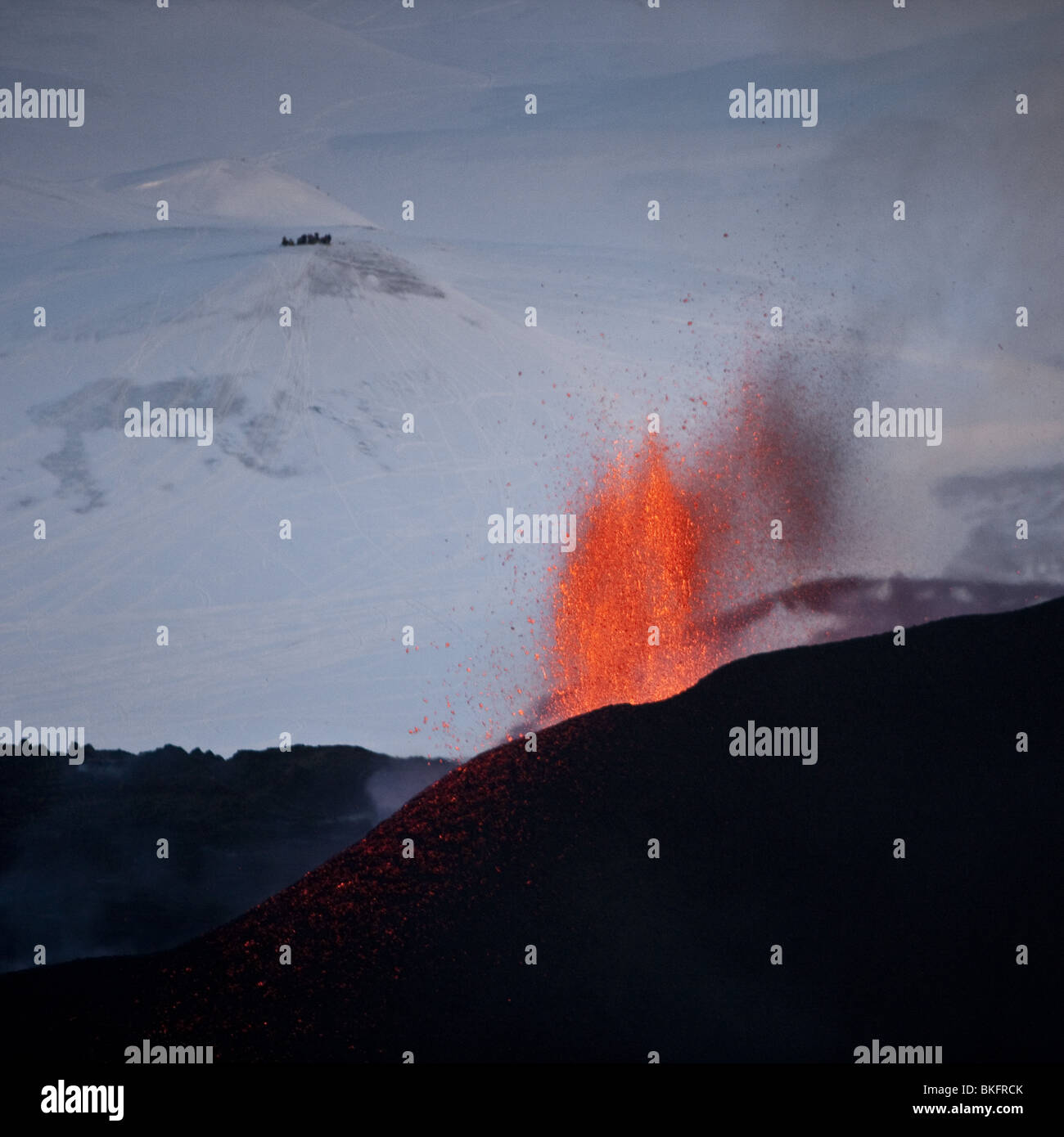 Lava fountains during volcano eruption at Fimmvorduhals, a ridge ...