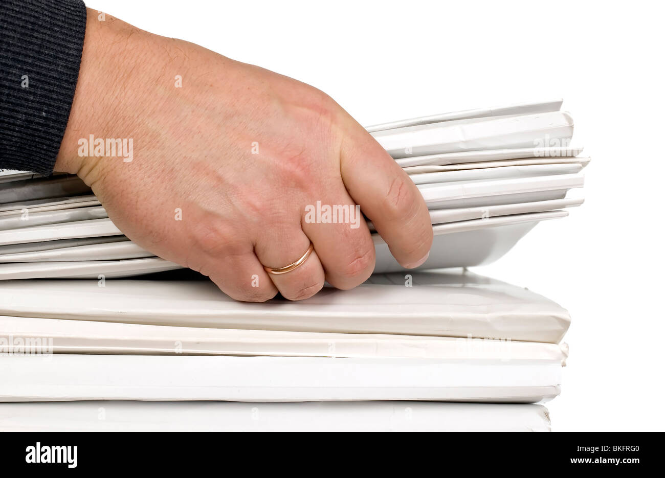 Man hand and block of documents on white background Stock Photo - Alamy