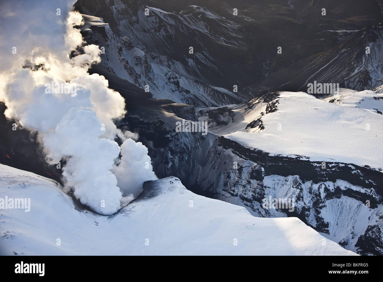 Steam and Lava- volcano eruption in Iceland at Fimmvorduhals, a ridge ...